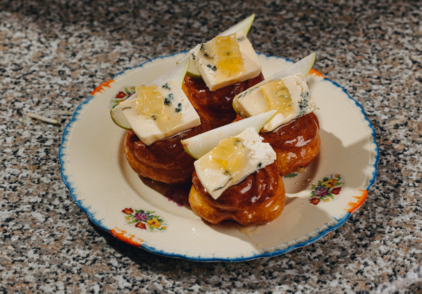 Recipe: Fried French Cruller With Pear and Blue Cheese