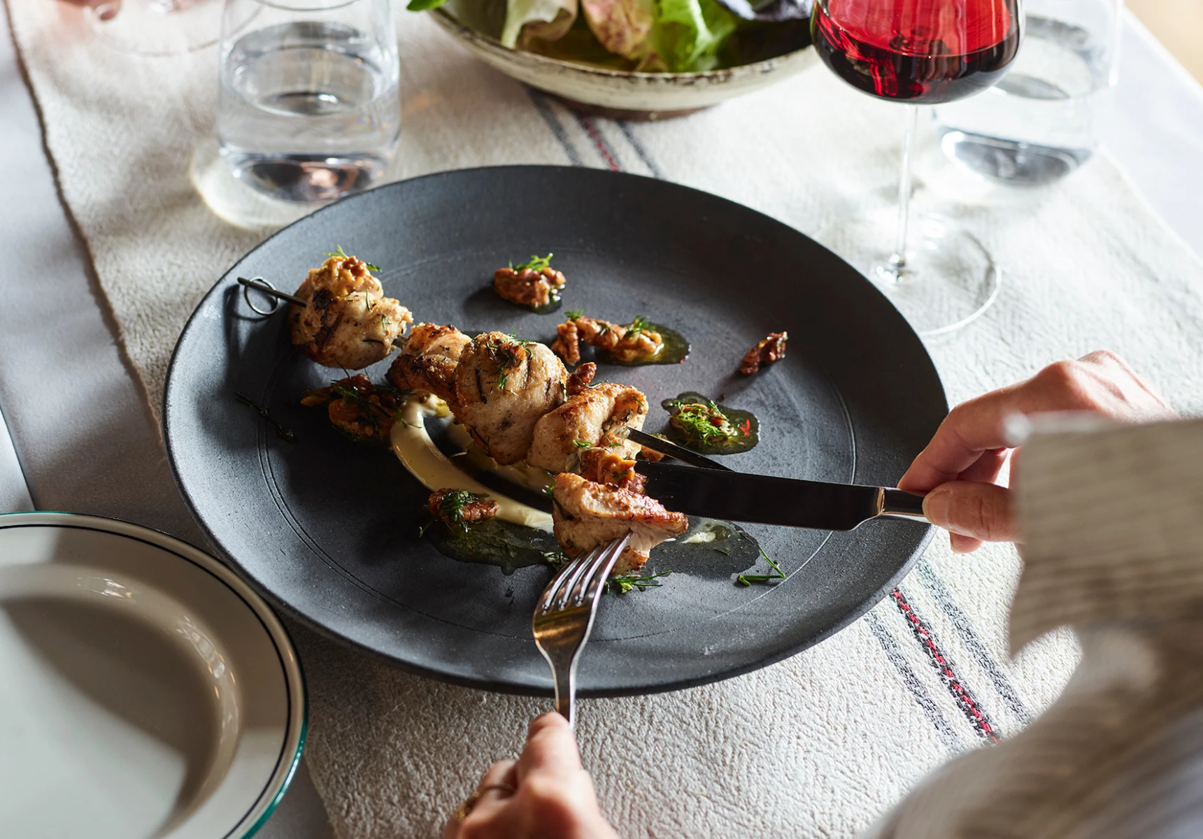 Tedesca Osteria's Peppered chicken skewers with walnut, dill and lemon ...