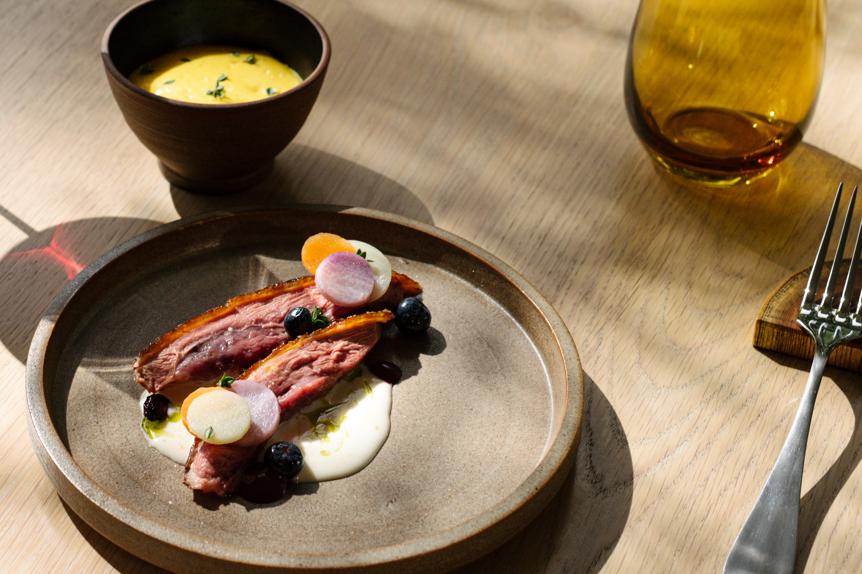 Recipe: Aged Duck With Sweet Potato, Blueberries and Macadamia